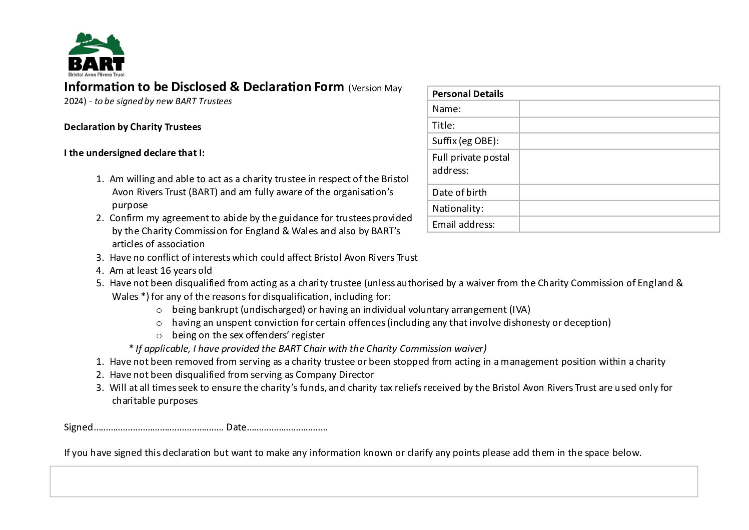 Trustee Application Declaration Form - Bristol Avon Rivers Trust